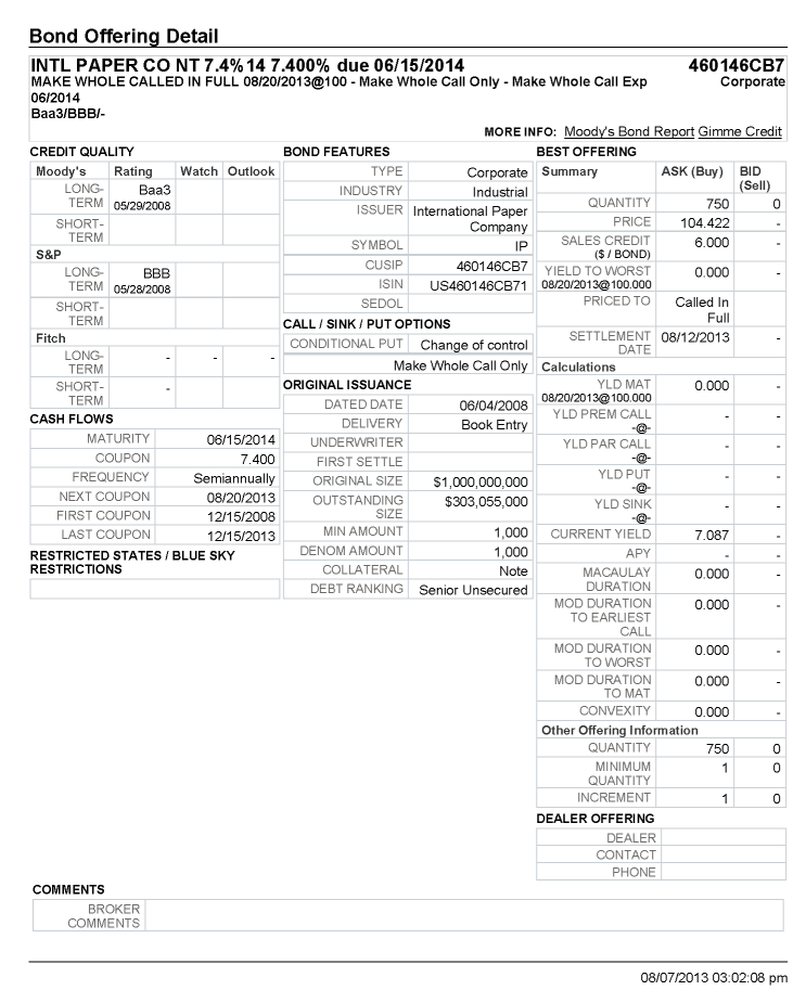 Sample Printed Bond Offering Detail