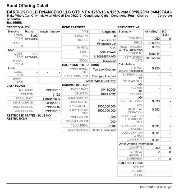 Sample Printed Bond Offering Detail